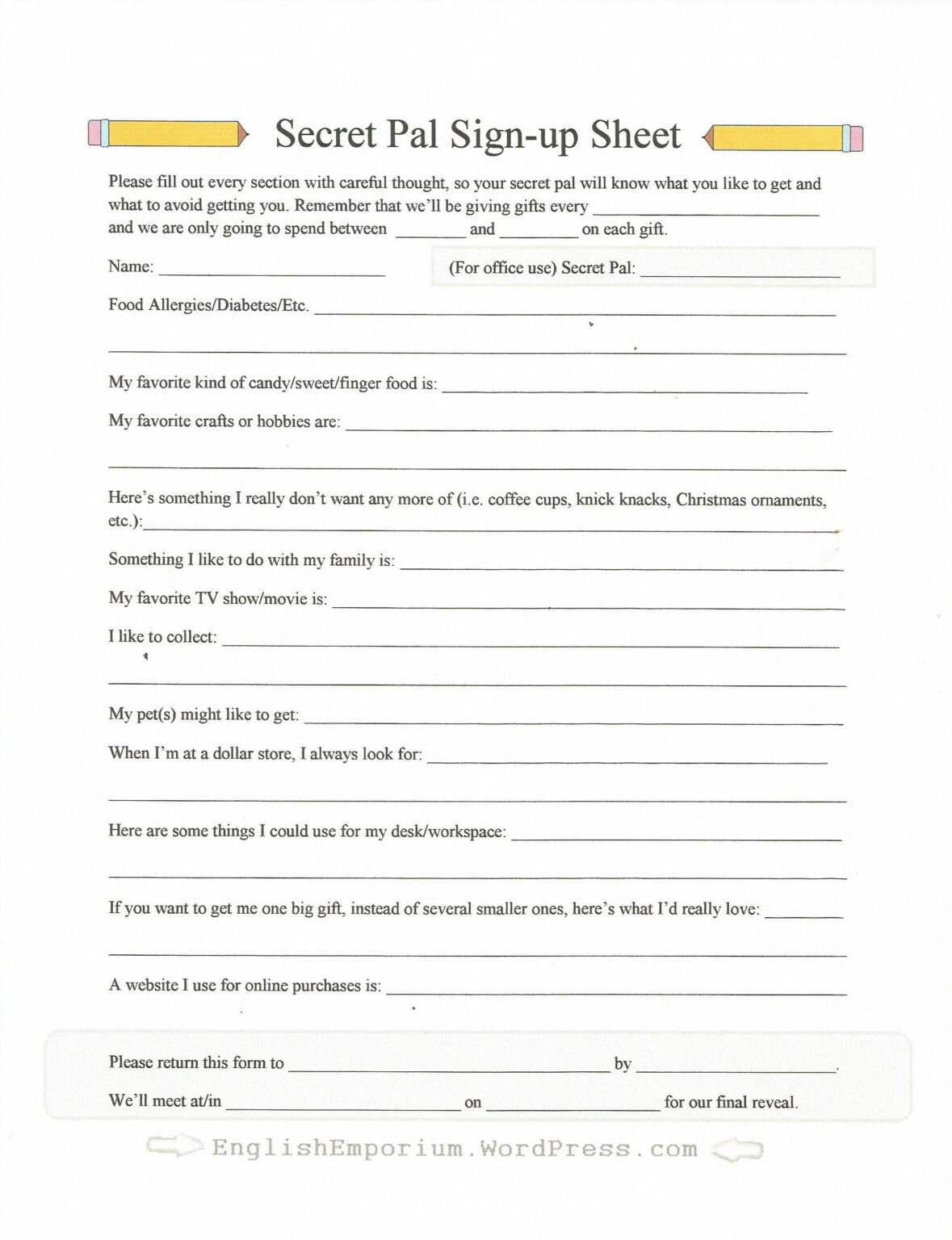 Free Printable Secret Pal Forms Free Printable | Rossy Printable