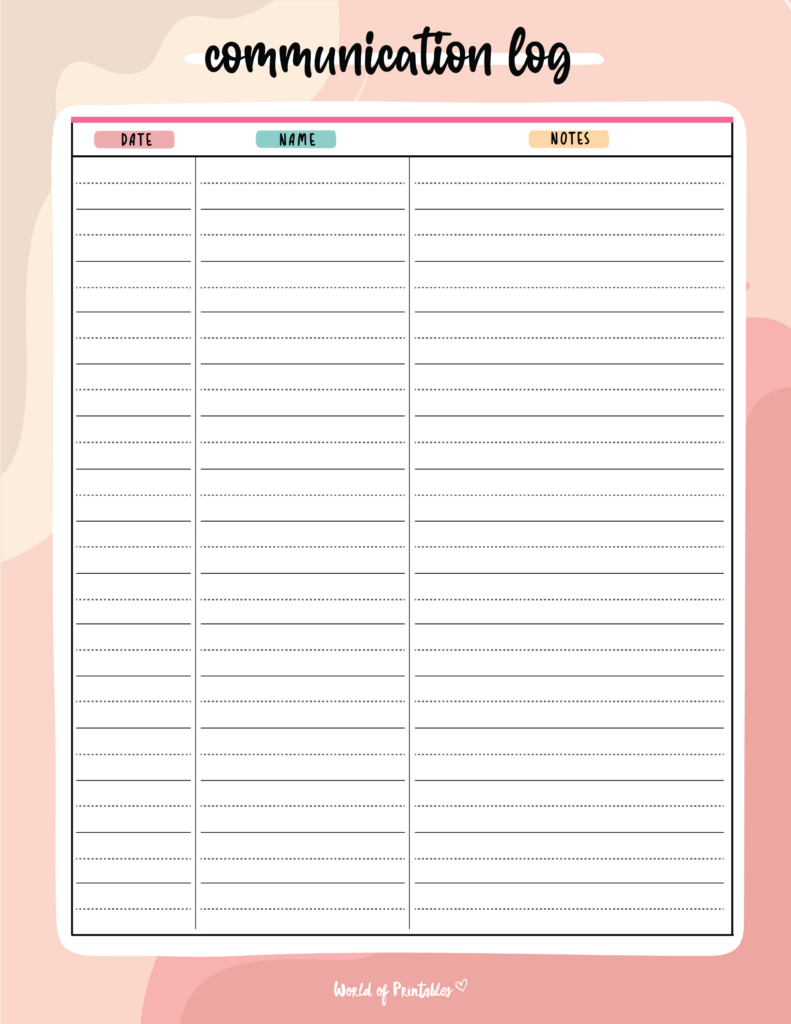 Communication Log - World Of Printables Throughout Free Printable ...